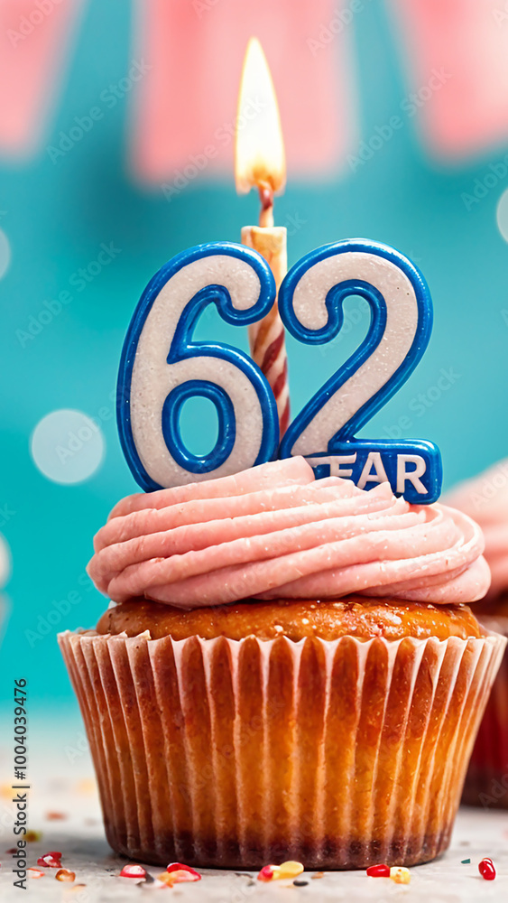 Birthday cupcake with burning lit candle with number 62. Number sixty ...