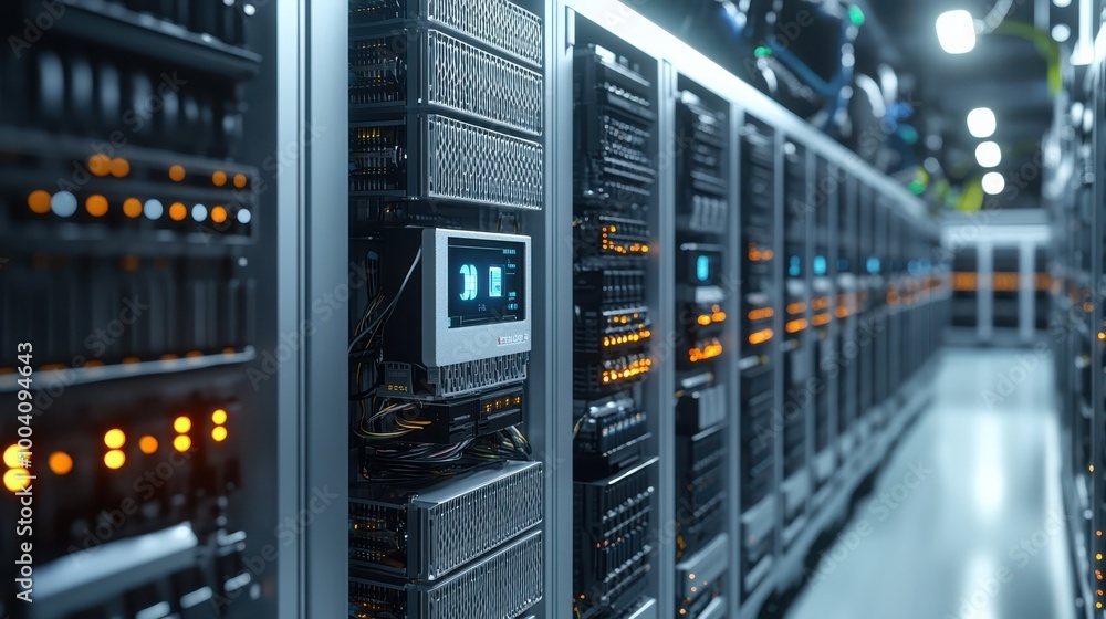 Modern data servers in a high-tech server room, orange lights glowing, futuristic data center ...