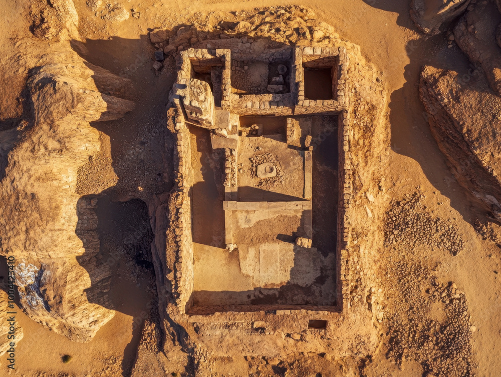 Ancient rock-cut architecture amidst desert sands at sunset in a lost ...