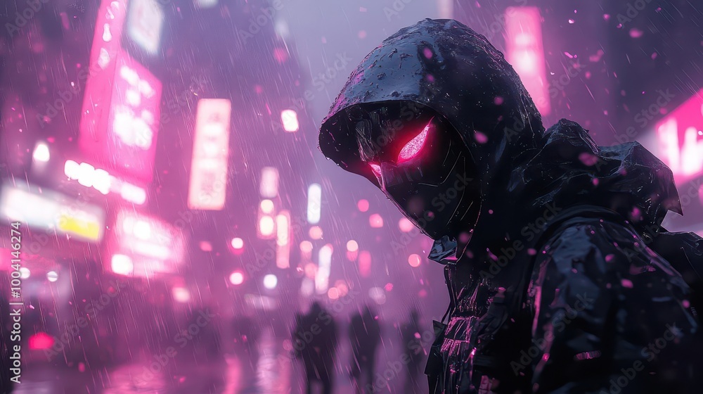 cyberpunk anime boy wearing an oni mask striking a pose with neon ...