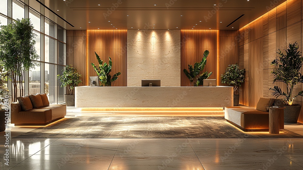 Minimalist reception space featuring clean lines, neutral colors, and ...