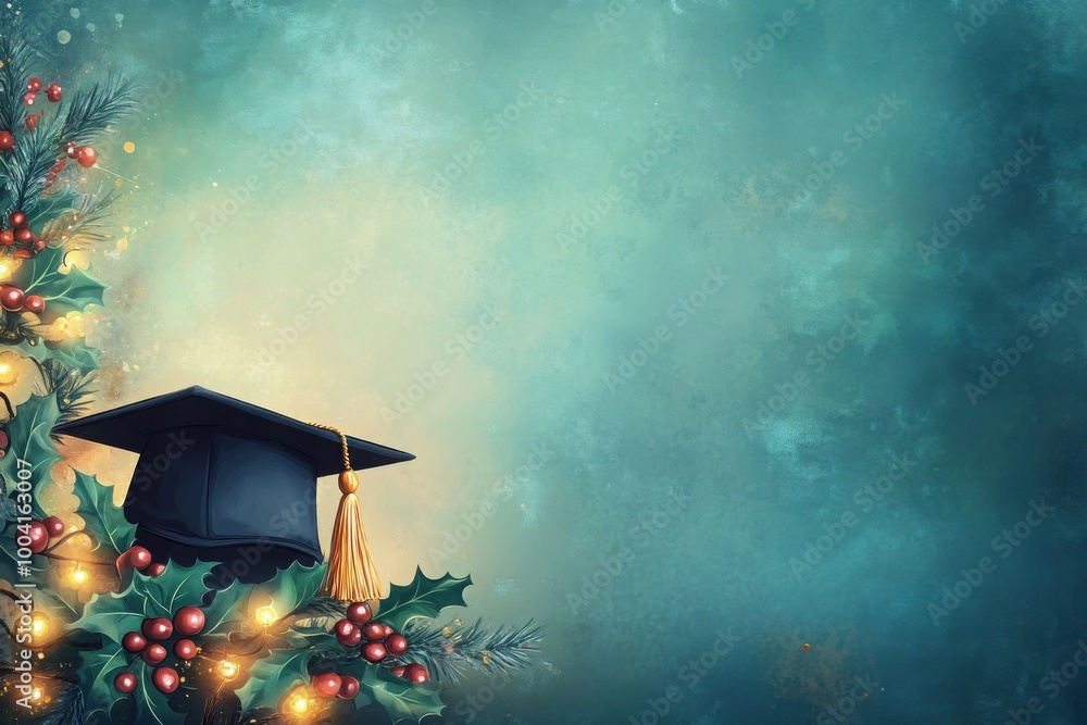 Graduation cap with tassel placed among holly branches and berries with ...