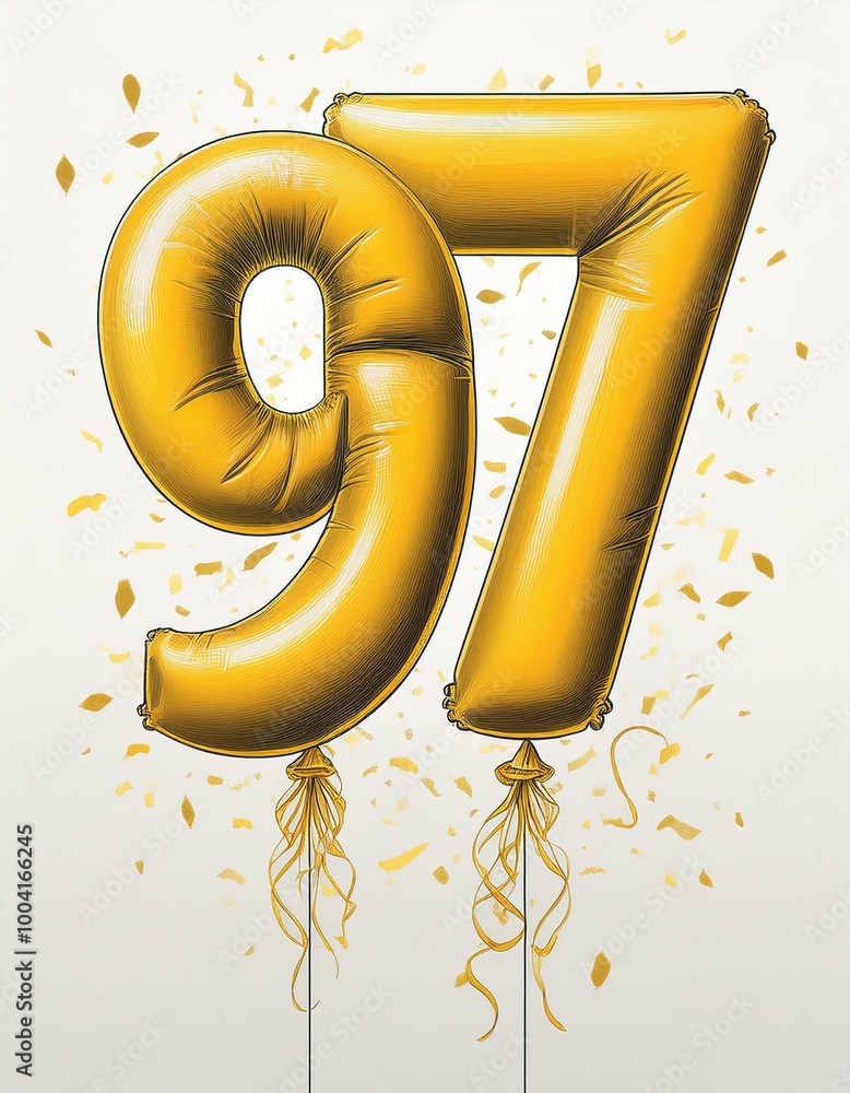 Yellow birthday / anniversary balloon, number 97, white background with ...