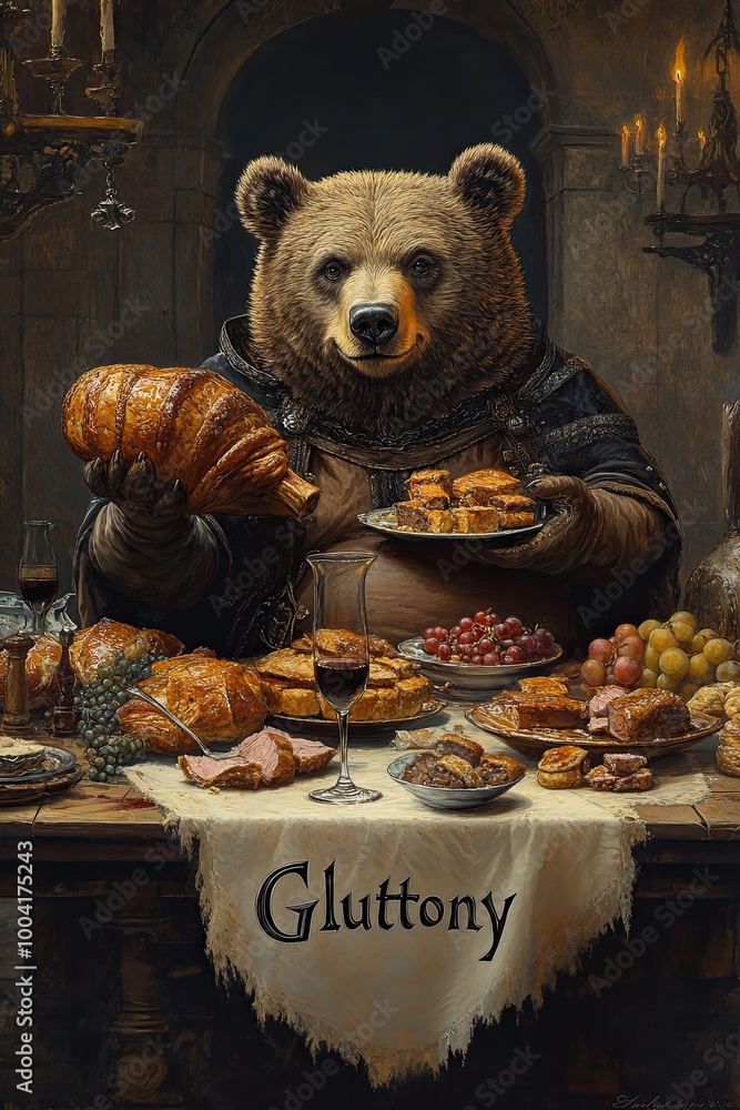 Stock-Illustration „Animal Gluttony: A rotund bear feasting at a grand ...