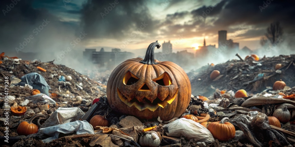Spooky pumpkin monster lurking in garbage dump for Halloween decoration ...