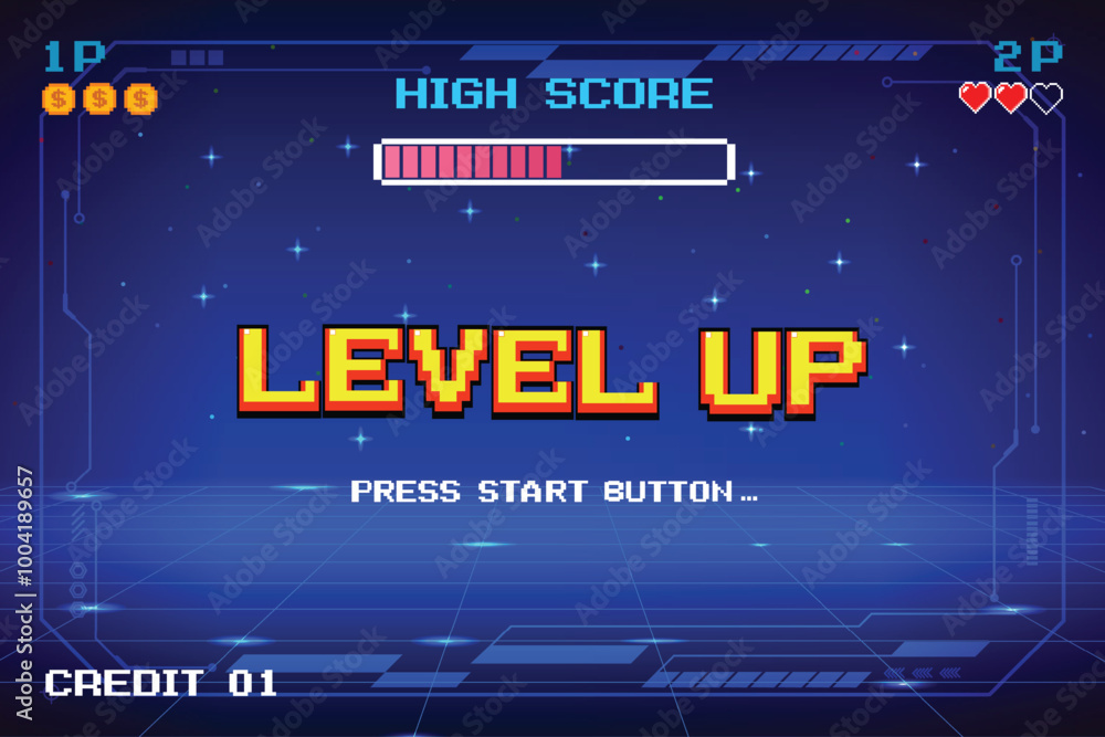 LEVEL UP. press start button. pixel art .8 bit game. retro game. for ...