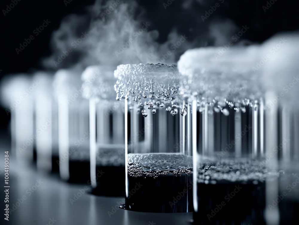 Liquid nitrogen freezing process with beakers and frozen biological ...