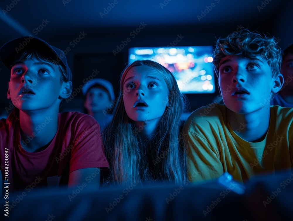 Captivated kids watching a movie together, blue neon light reflecting ...