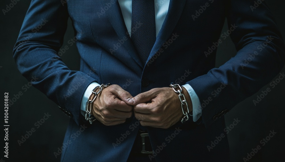Man in a suit with chained hands standing in a dark room, symbolizing ...