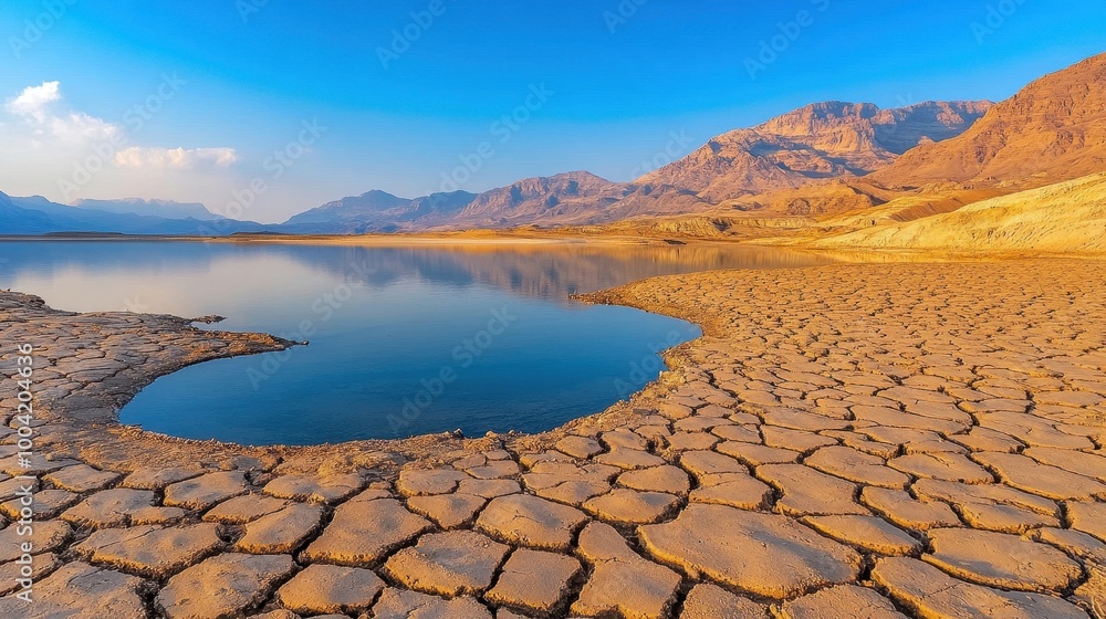 Empty reservoir in a desert landscape due to drought, showing water ...