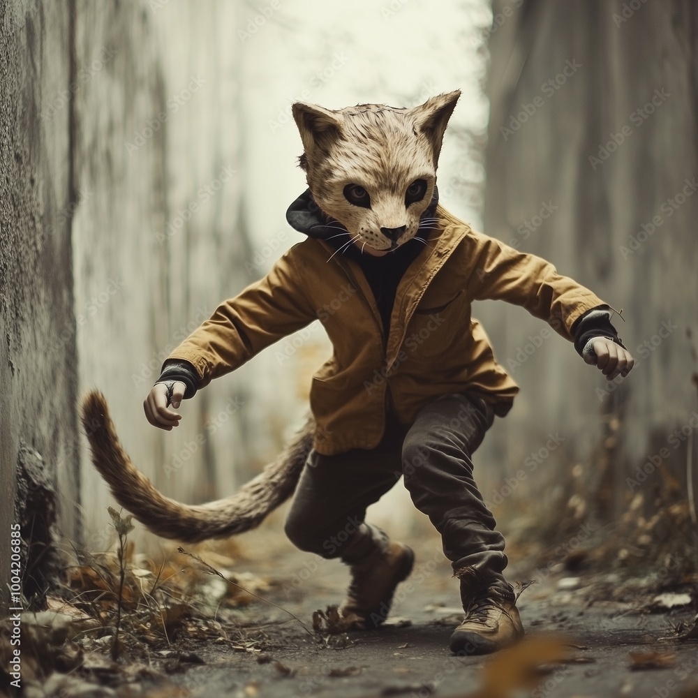 Person in realistic cat quadrober costume walking in a narrow alley ...