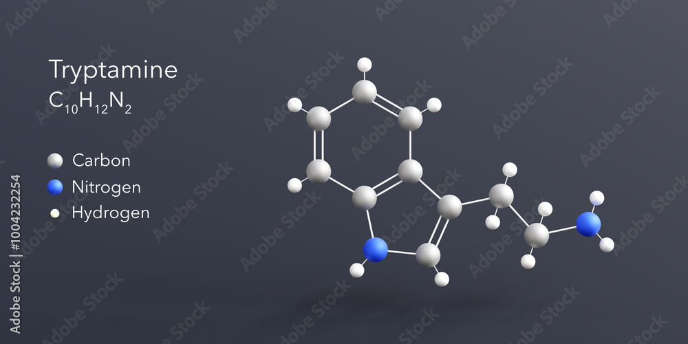 tryptamine molecule 3d rendering, flat molecular structure with ...