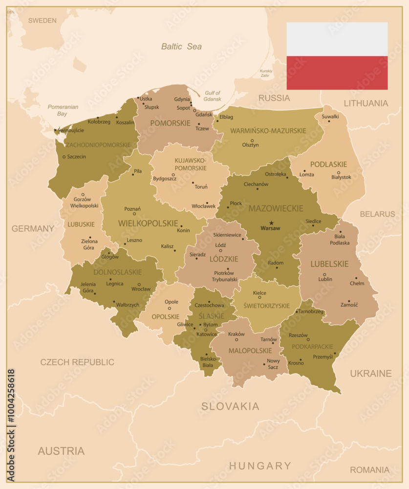 Poland - detailed map of the country in brown colors, divided into ...