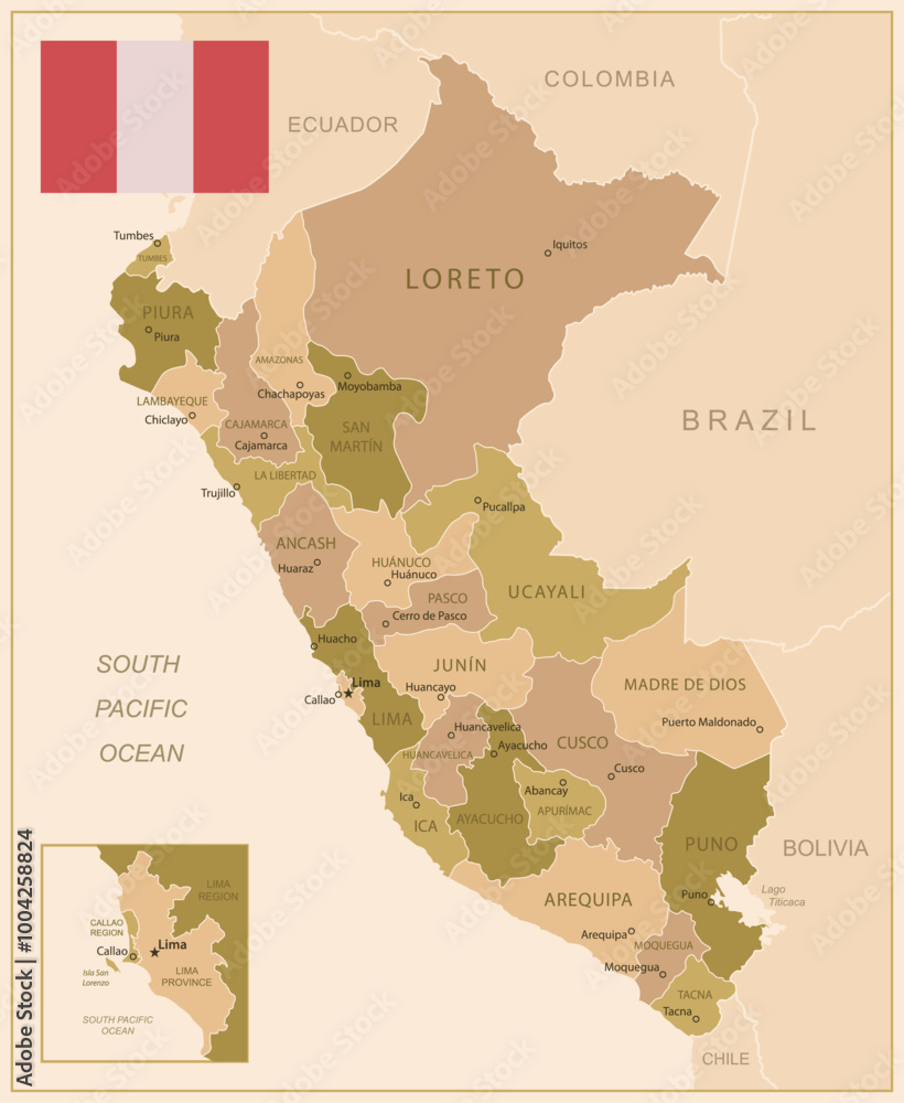 Peru - detailed map of the country in brown colors, divided into ...