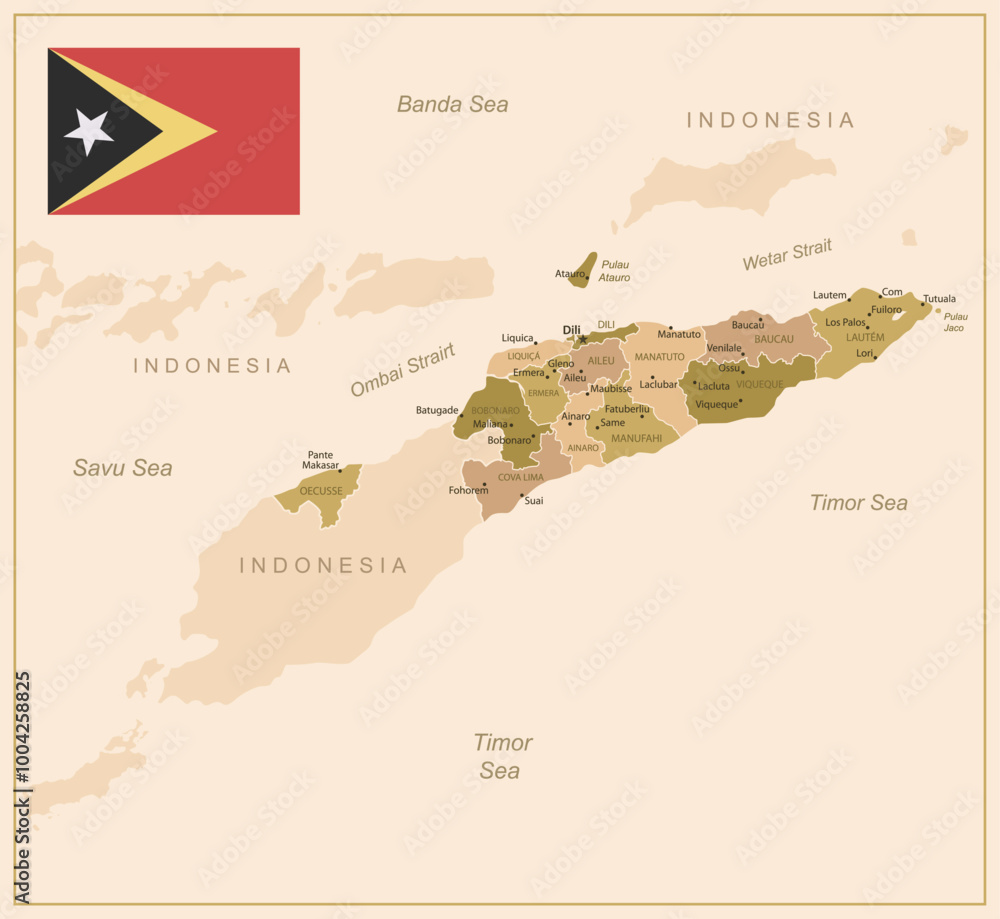 East Timor - detailed map of the country in brown colors, divided into ...