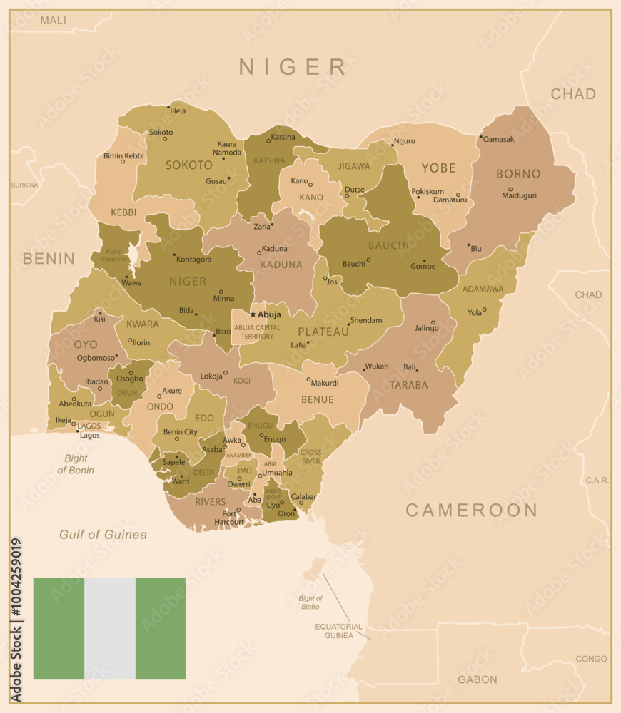 Nigeria - detailed map of the country in brown colors, divided into regions. Vector illustration ...