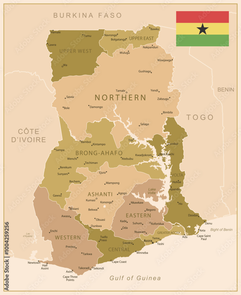 Ghana - detailed map of the country in brown colors, divided into ...