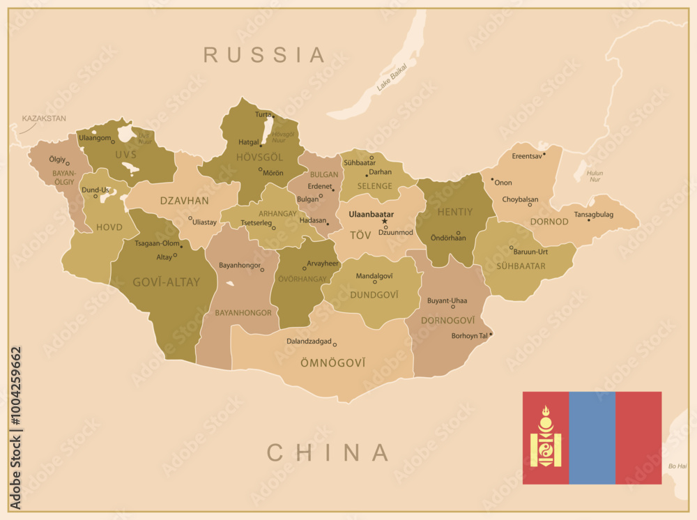Mongolia - detailed map of the country in brown colors, divided into ...