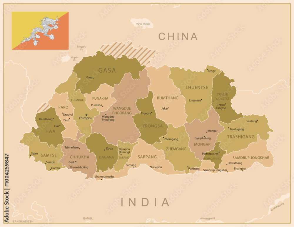 Bhutan - detailed map of the country in brown colors, divided into ...