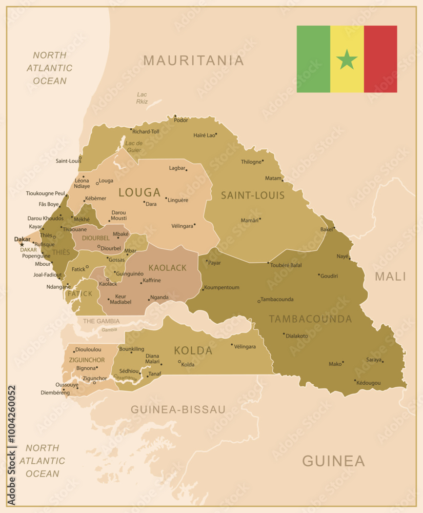 Senegal - detailed map of the country in brown colors, divided into ...