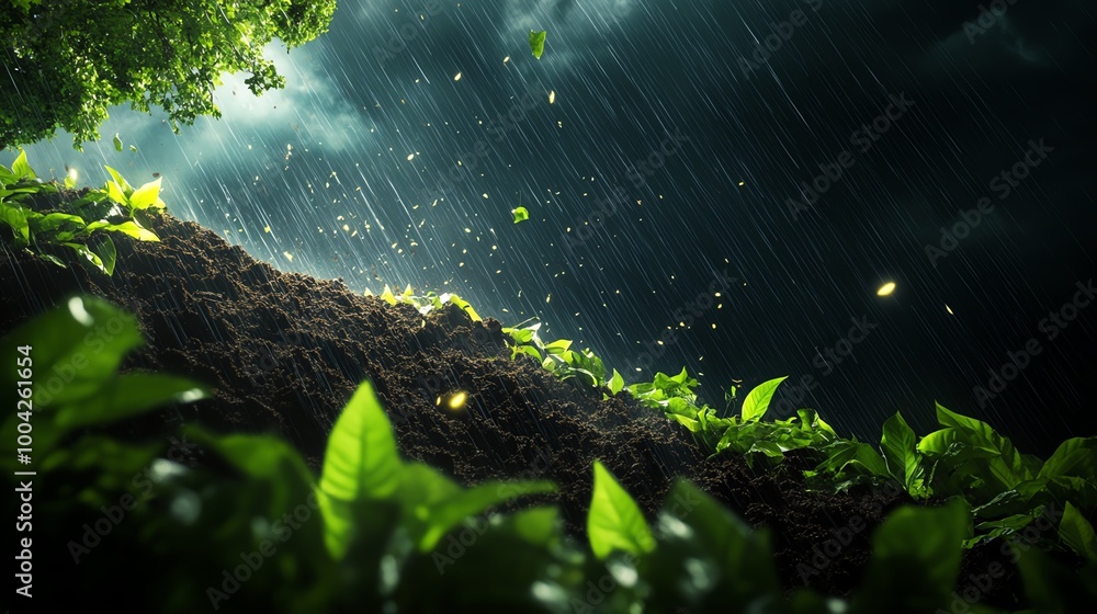 Heavy rainfall causing a landslide, as the earth and trees are pulled ...