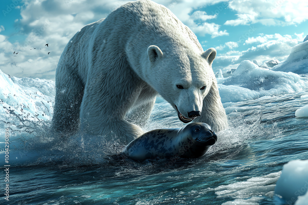 A polar bear hunts a seal amid icy waters, showcasing the beauty and ...