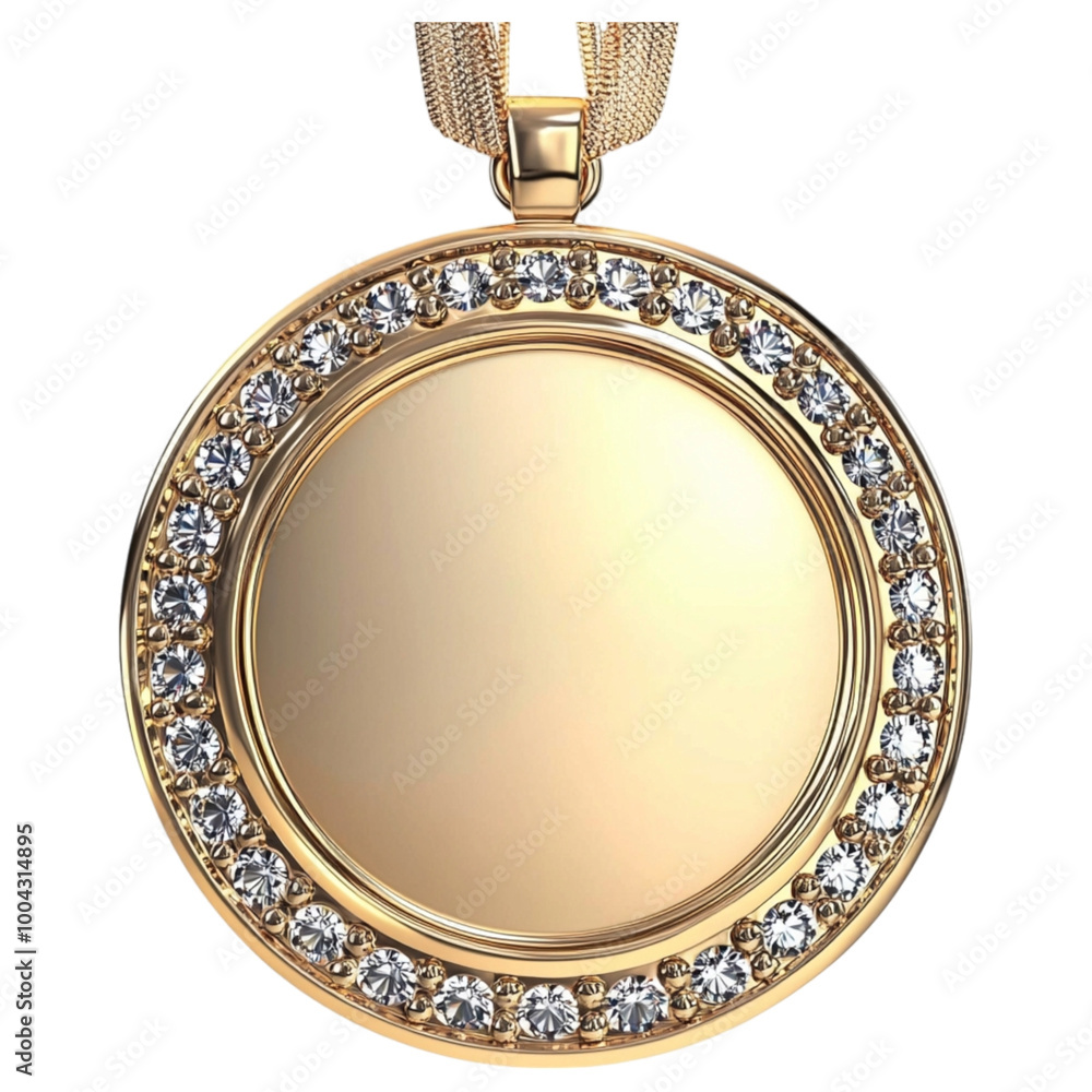 Gold circular medallion pendant with diamond border on a transparent ...
