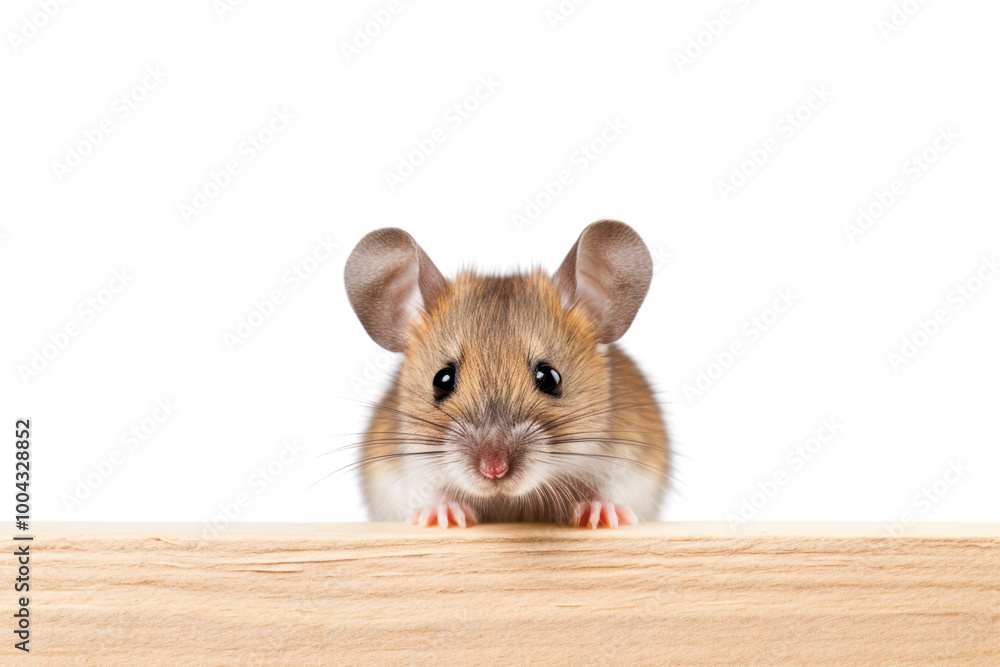 A young mouse peeking out from a small hole in the wall, only its head ...