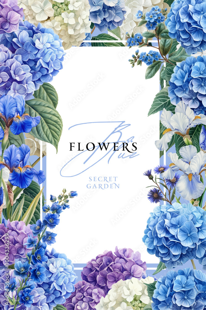 Vintage vector illustration with blue flowers on a changeable ...