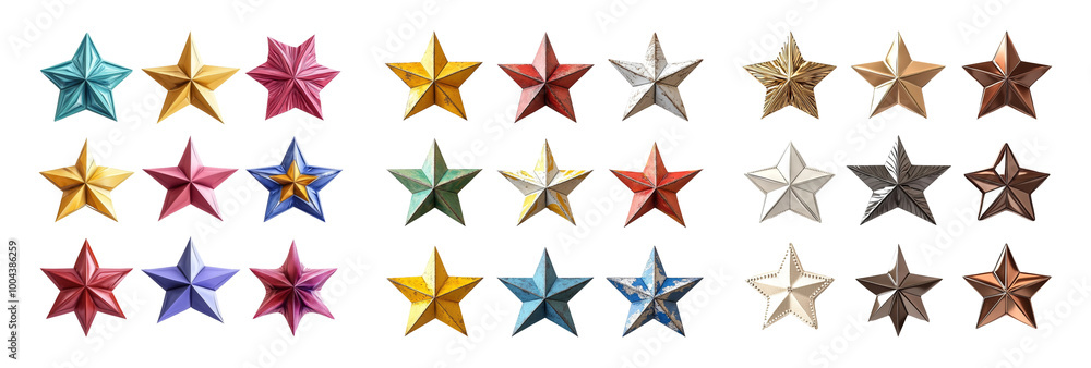 Collection of colorful five pointed stars front view isolated on ...