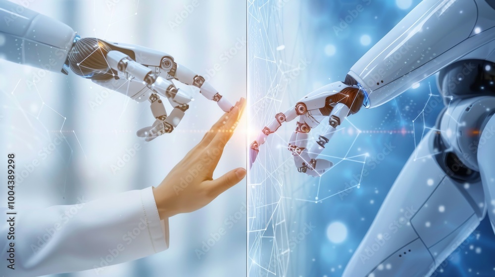 AI, Machine learning, Hands of robot and human touching on big data ...