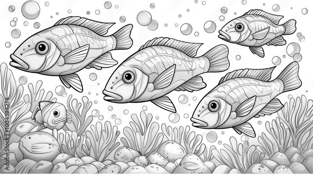 Group of fish animals underwater outline contour drawing illustration ...