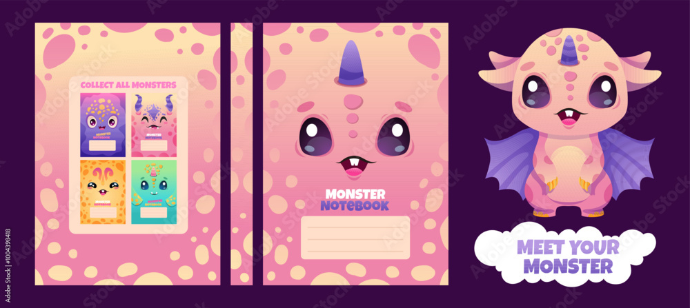 Cute Monster cover design for kids. Notebooks, planners, brochures ...