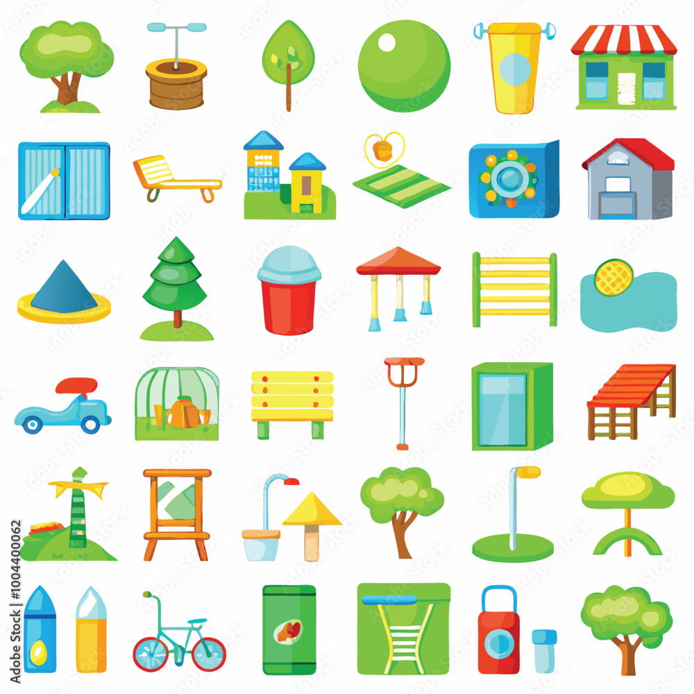 Cartoon Park Icons with Playgrounds Recycling Bins Lawn Chairs and More ...