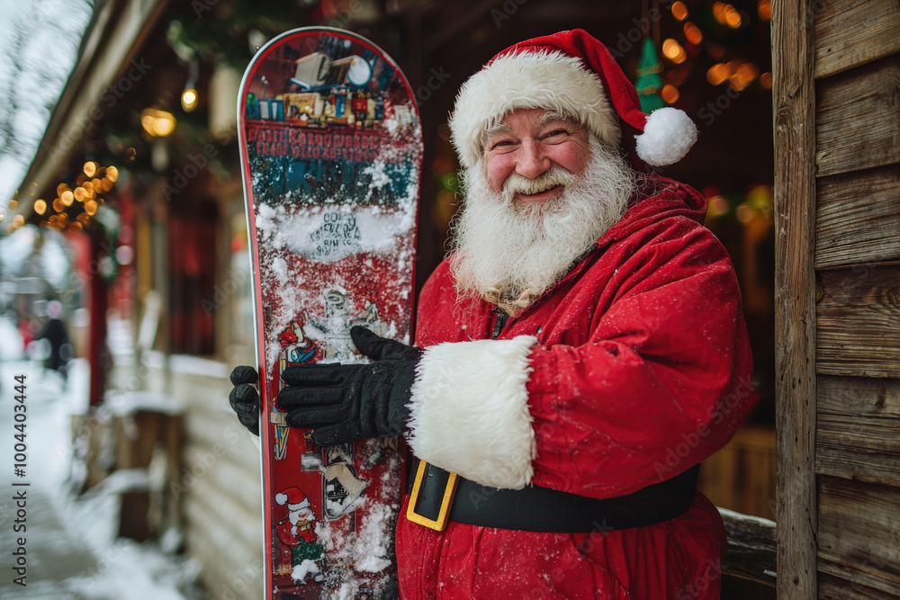 Santa Claus smiles joyfully while holding colorful snowboard, dressed ...