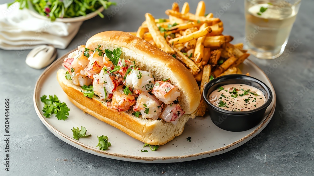 Stock-Foto „Lobster roll with buttery bun and a side of crispy fries ...
