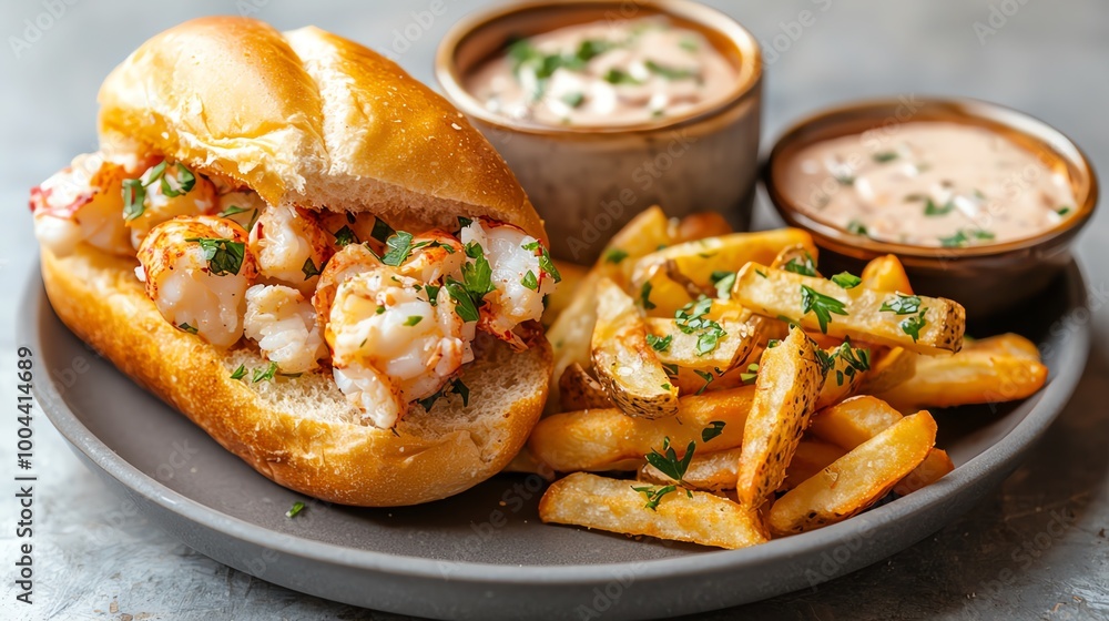 Lobster roll with buttery bun and a side of crispy fries, lobster roll ...