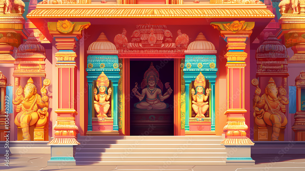 Hindu temple, carved deities, vibrant colors welcomes worshippers with ...