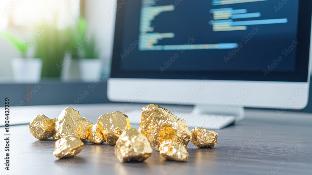 Wealth from Work Desk with Computer and Gold Nuggets in Modern Office ...