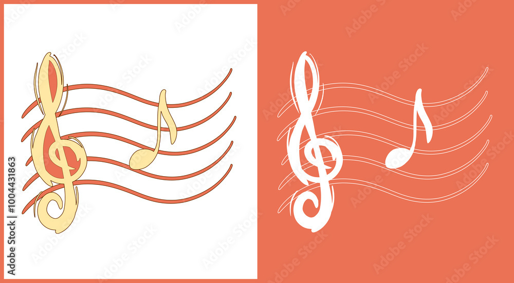 Music, the five-line staff / stave. Violin key & Note A. Hand drawn ...