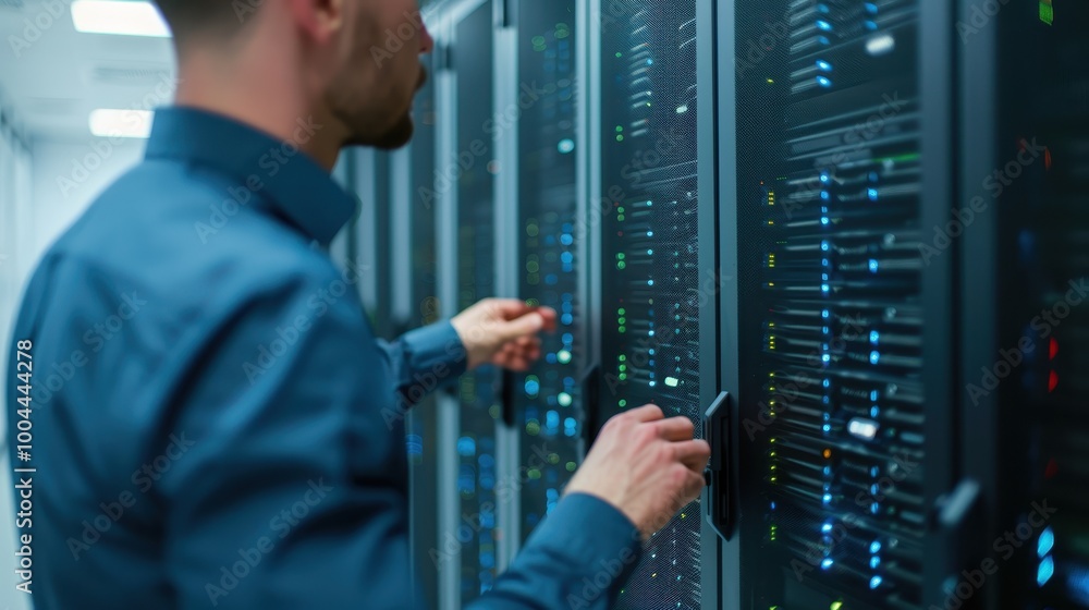A close-up of an IT technician adjusting server racks in a data center ...