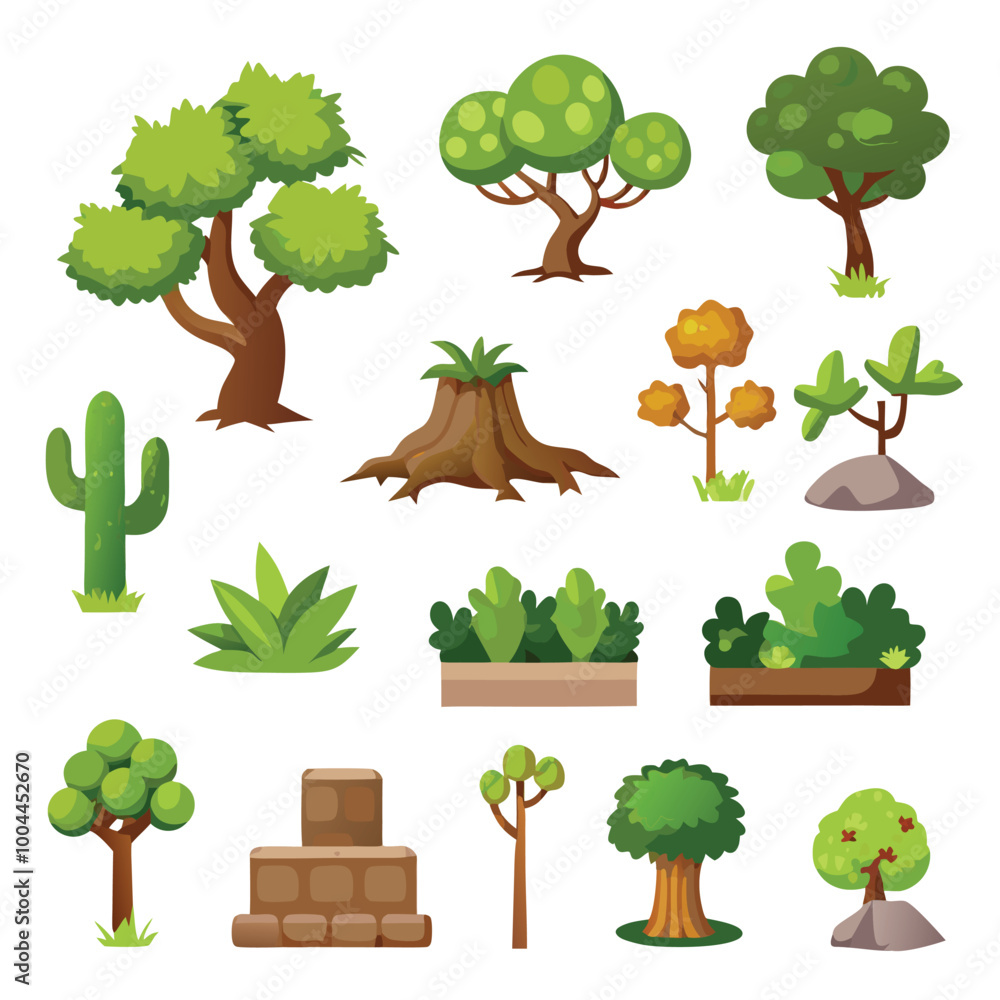 Stylized Tree and Bush Icons for 2D Games Cartoon Style Flat Colors No ...