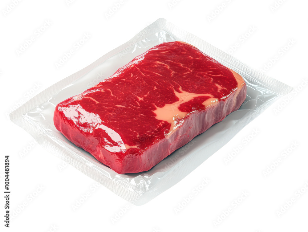 Fresh beef steak in vacuum packaging, isolated white background ...