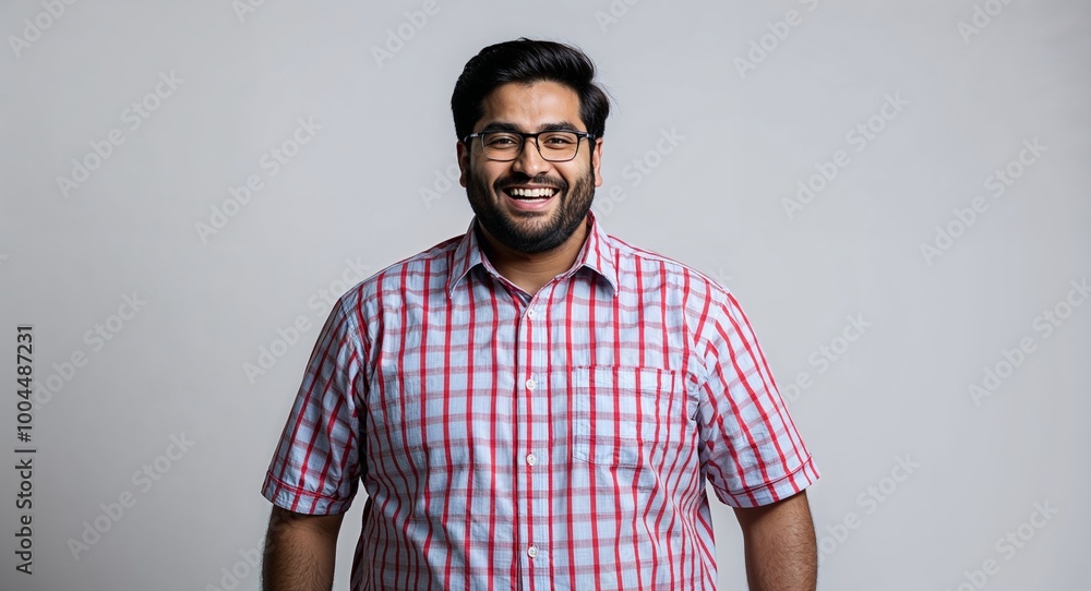 Grinning young Indian man with a fuller figure in studio portrait on ...