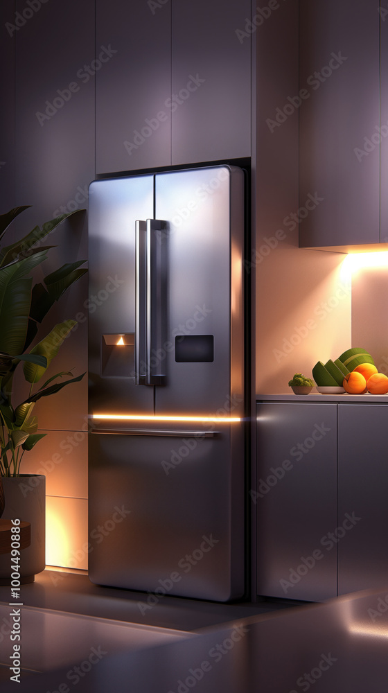 Detailed view of smart fridge with futuristic screen display. Modern ...