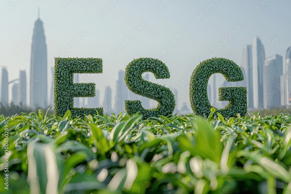 A futuristic city skyline with "ESG" (Environmental, Social, and ...