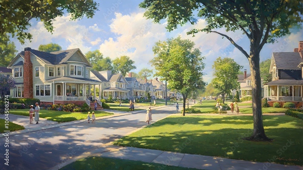 Idyllic suburban neighborhood with well maintained two story homes lush ...