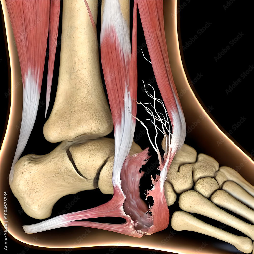 3D illustrating ruptured Achilles tendon, point of tear between the ...