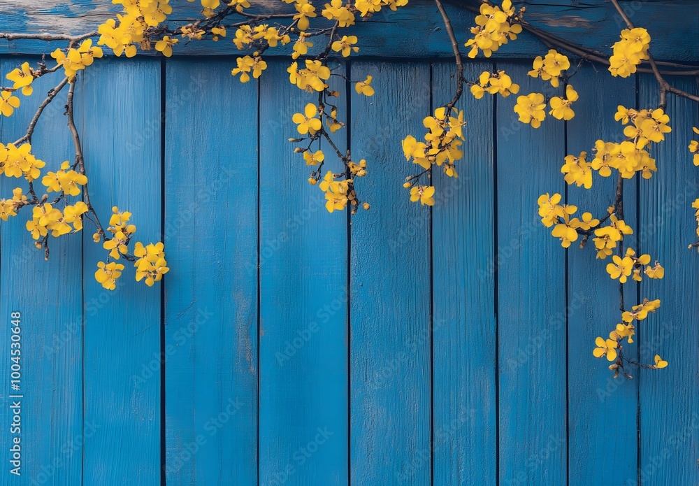 Yellow Flowers on Blue Wooden Background, Minimalist Photography ...