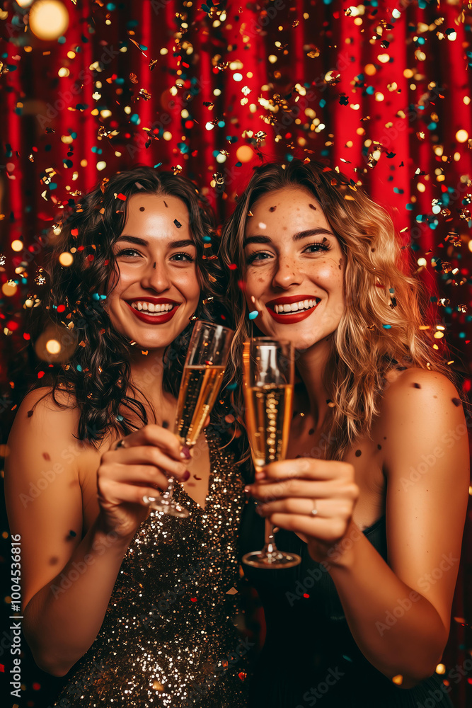 Two women celebrating at an elegant party, with confetti and champagne ...